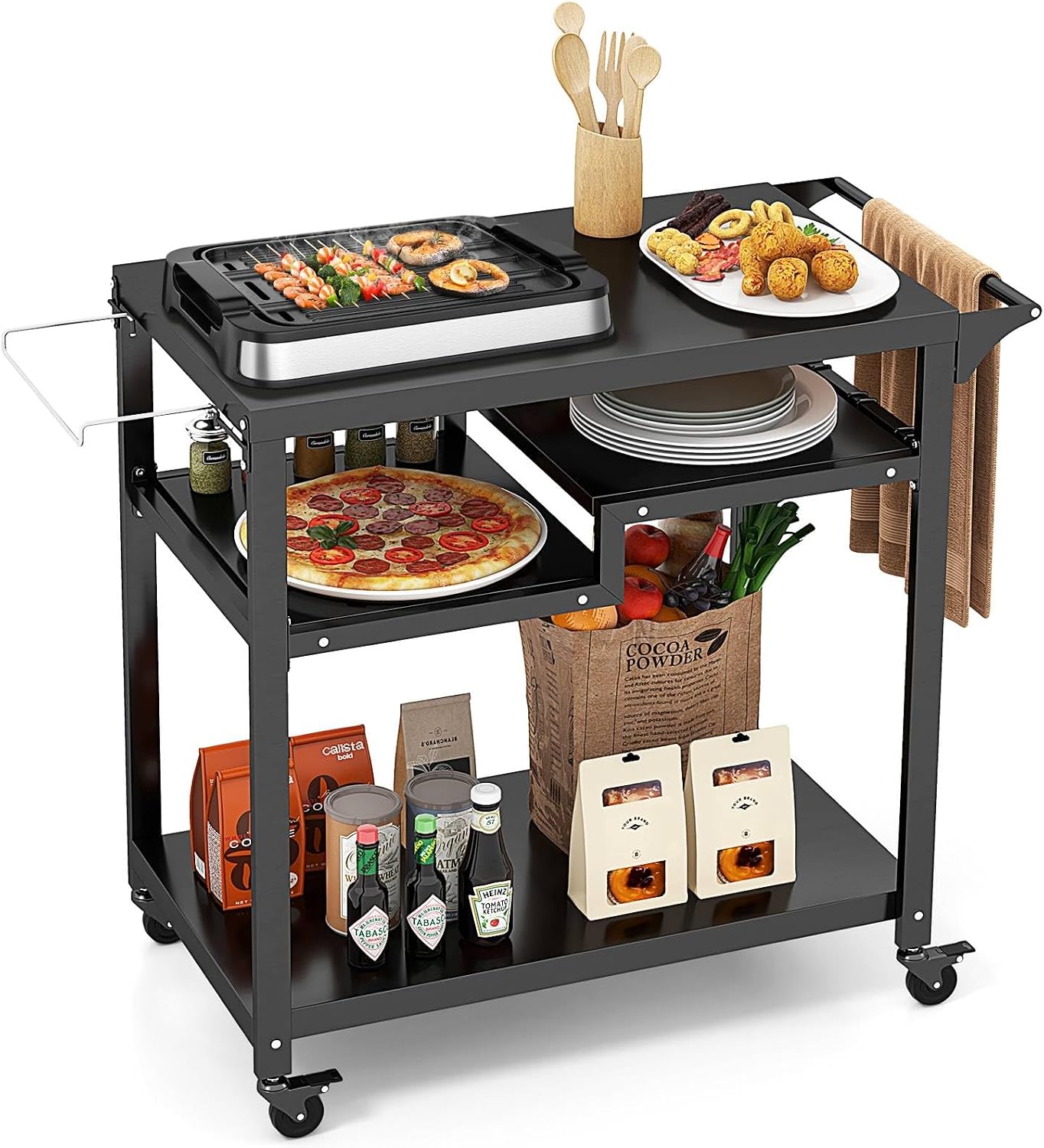 SFAREST Outdoor Grill Cart, Movable Pizza Oven Table BBQ Trolley with 4 ...