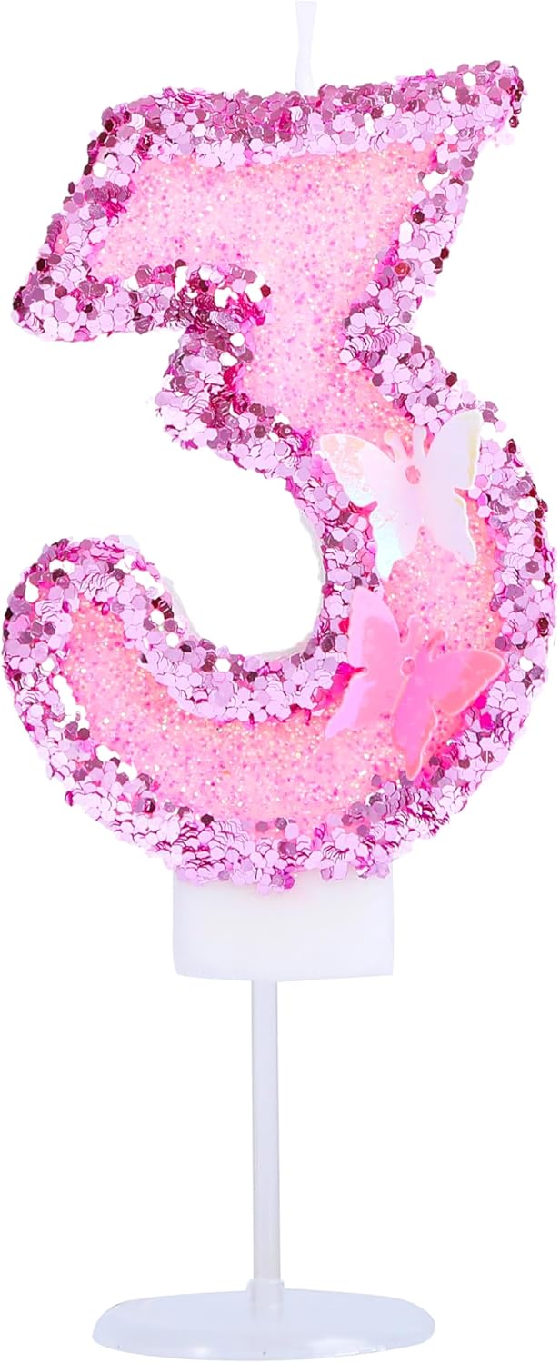 Amazon.com: Kinsynko Number 3 Candle Pink Sequins 3D Butterfly Decor ...