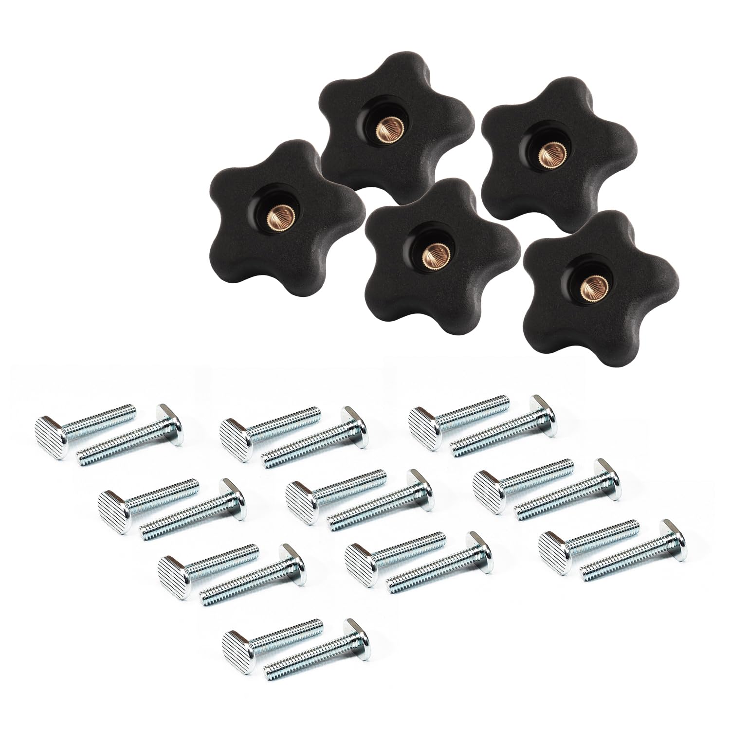 POWERTEC 72073 1/4"-20 Knobs & T Bolts Set | 5pcs 5-Star Clamping Knobs ...