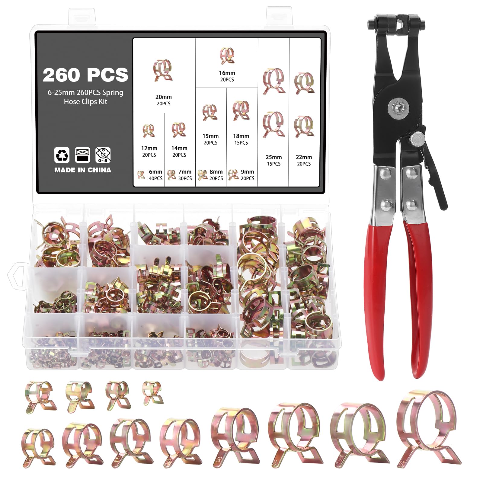 Snapklik.com : OCR 260 PCS 12 Sizes 6-25mm Fuel Line Spring Hose Clamps ...