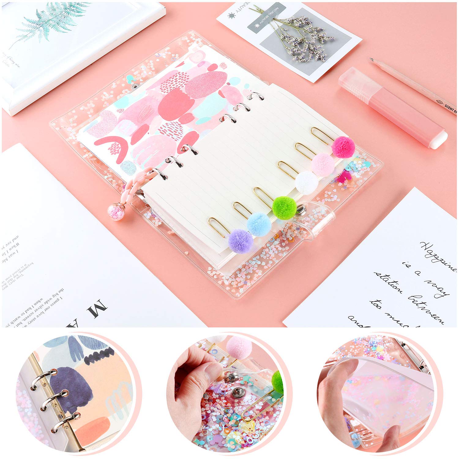 Refillable A5 Notebook Set with 6 Hole Loose Leaf PVC Sequin Binder ...