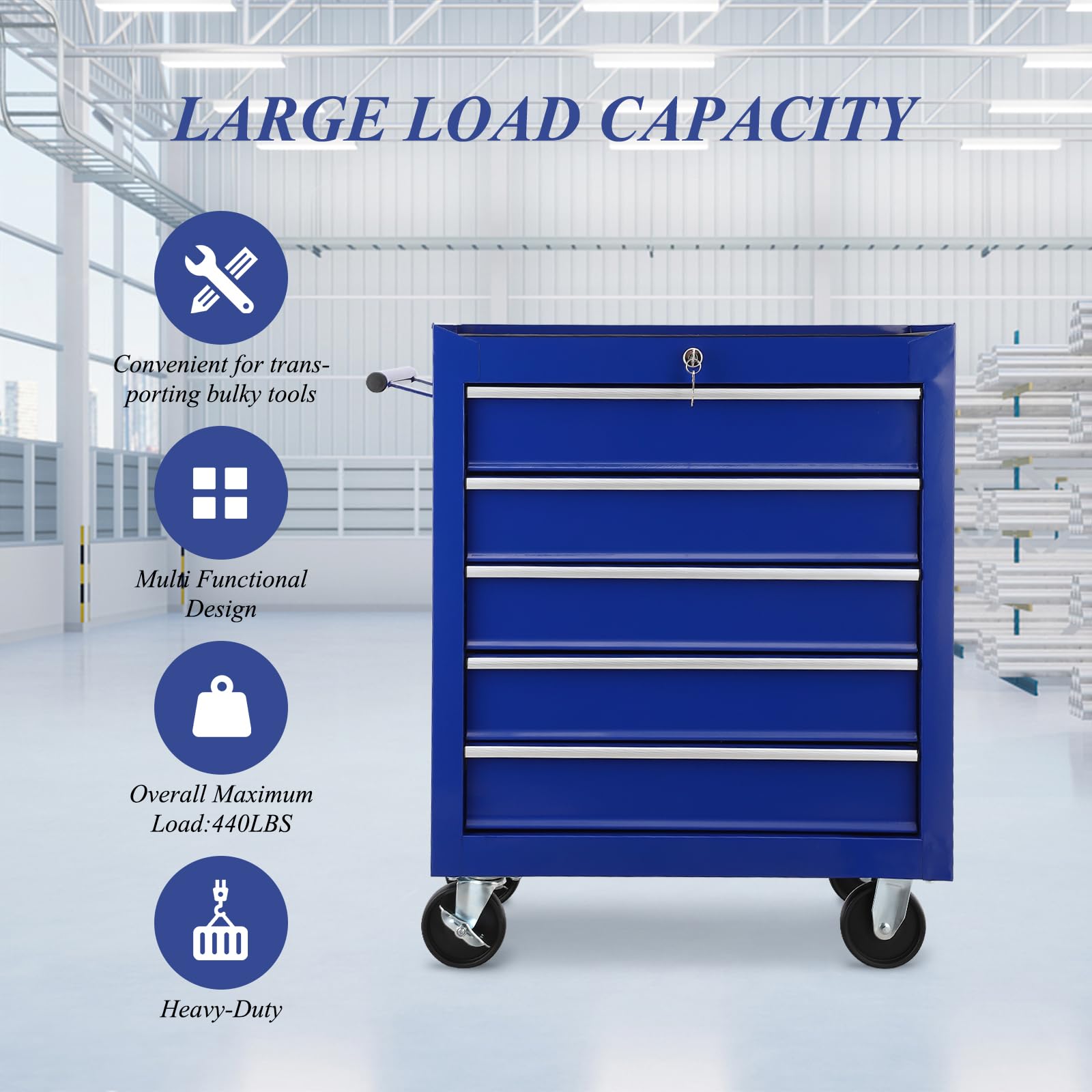 Snapklik.com : 5 Drawer Rolling Tool Box,Blue Locking Tool Chest