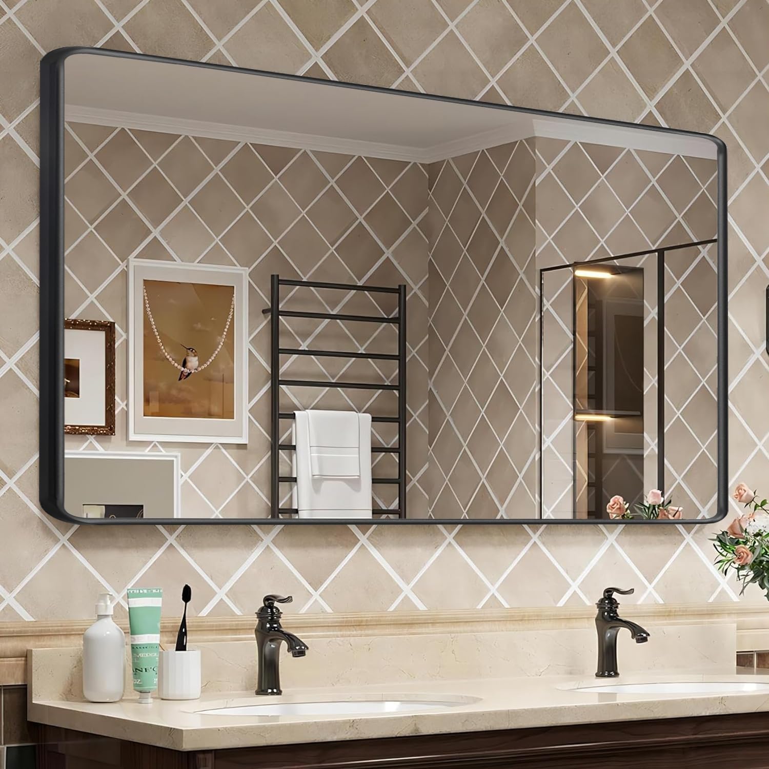 Amazon.com: WEER Black Bathroom Mirror 48X32 Inch, Rectangular Black ...