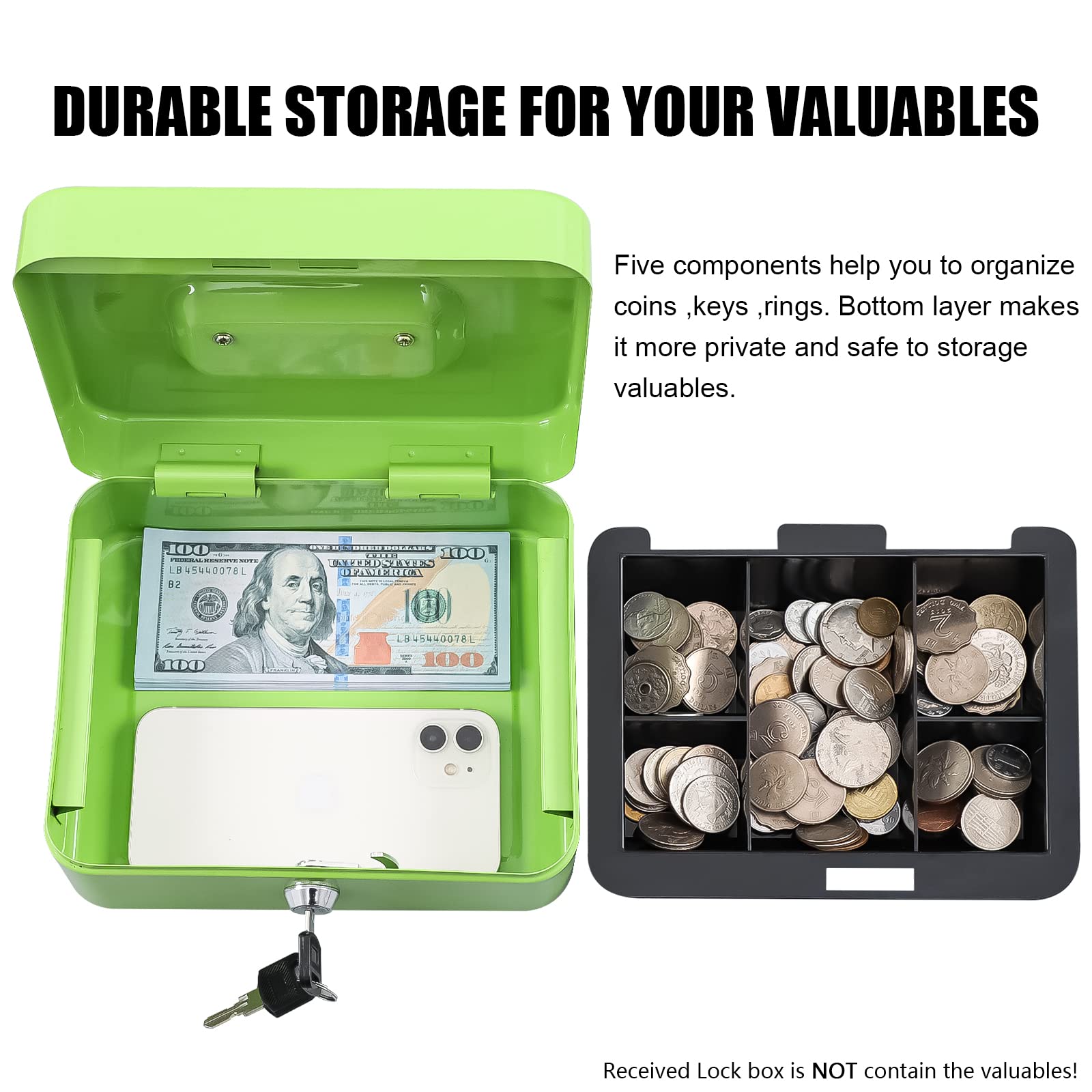KYODOLED Medium Cash Box with Money Tray,Small Safe Lock Box with Key ...