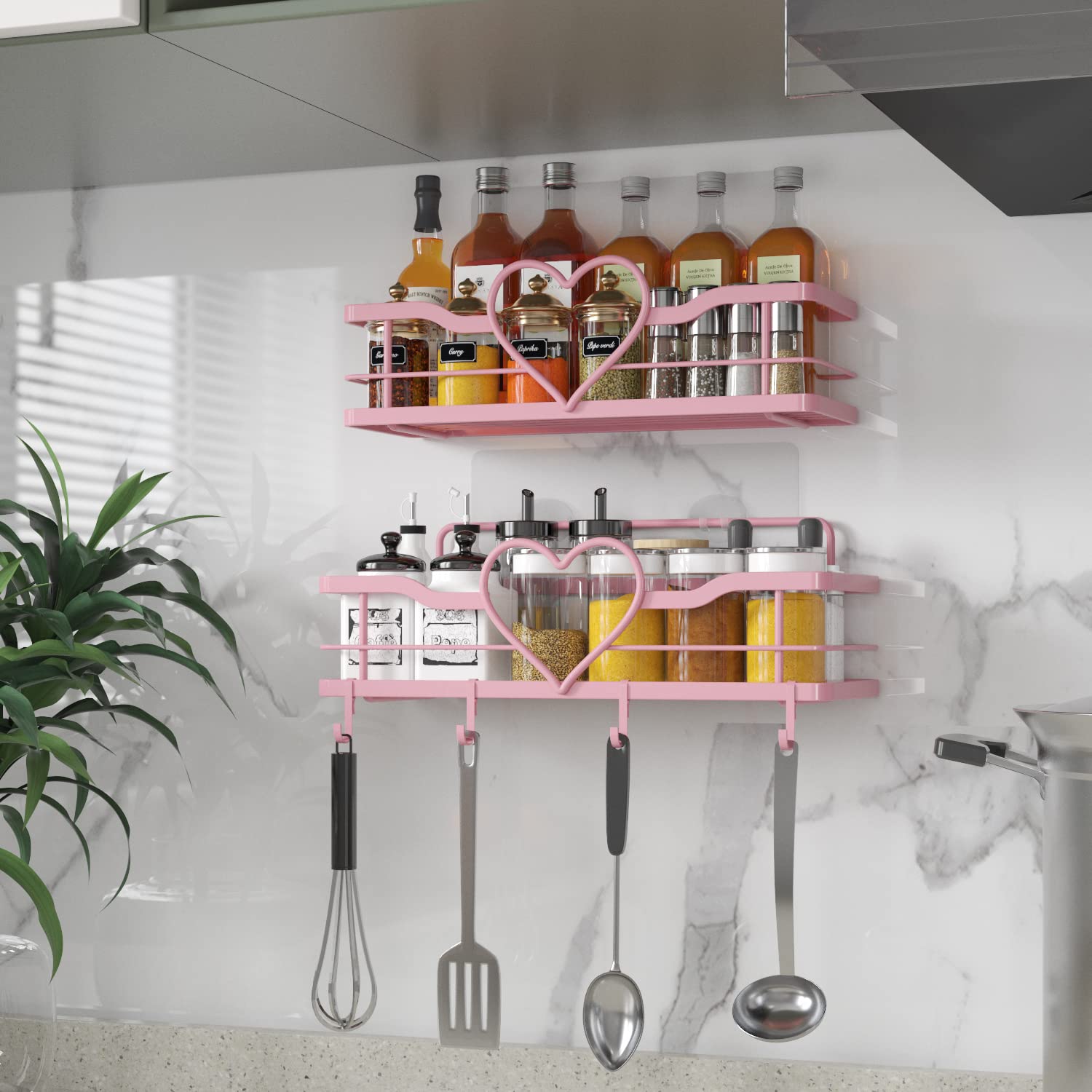 FLCITY Sweet Heart Shower Caddy with 4 Hooks, 2pcs No Drilling Self ...