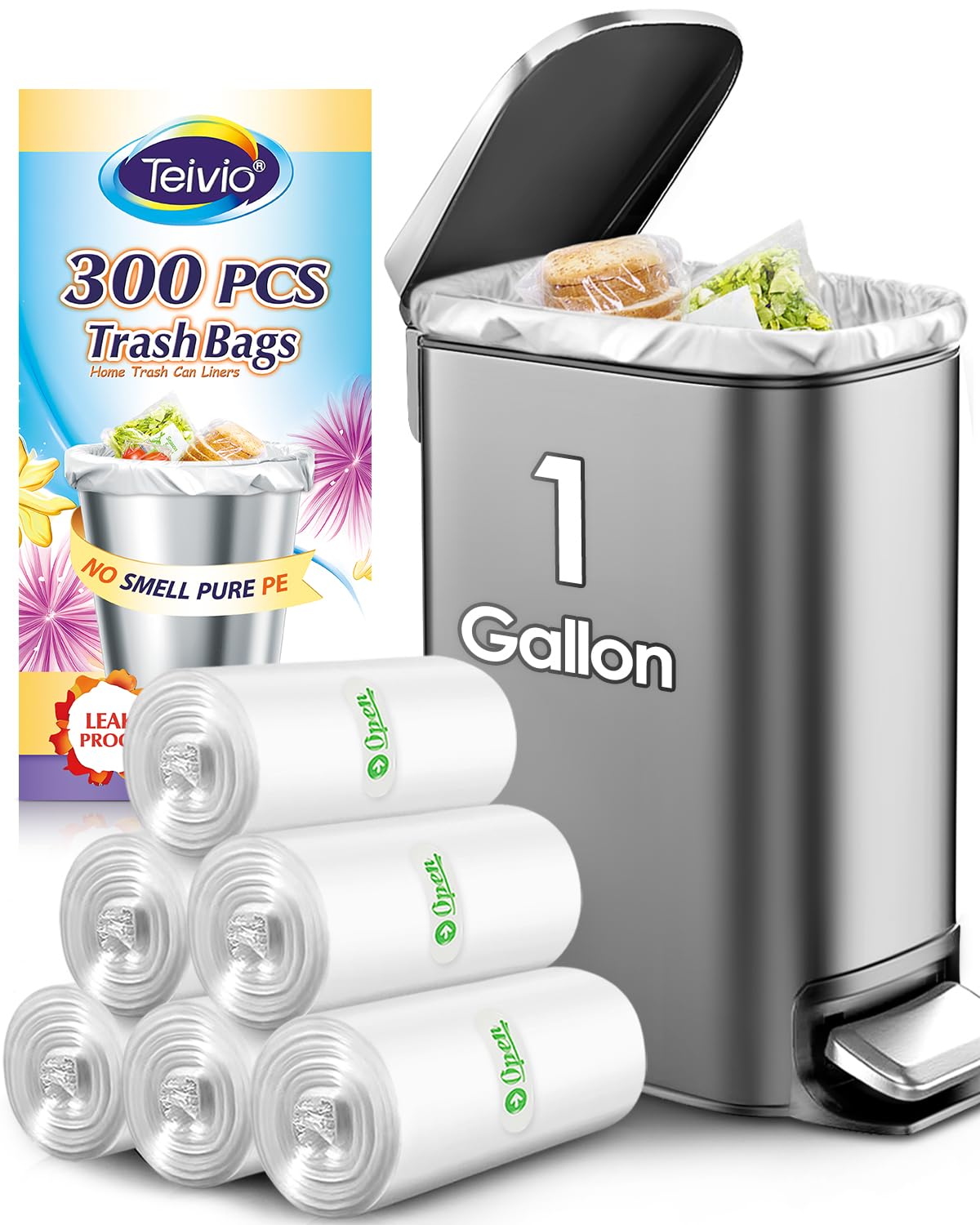 Amazon.com: Teivio 1 Gallon 300 Counts Strong Clear Trash Bags Garbage ...