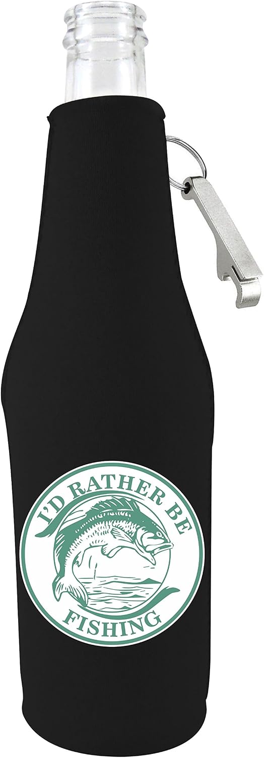 Amazon.com: I'd Rather Be Fishing Beer Bottle Coolie With Opener (Black ...