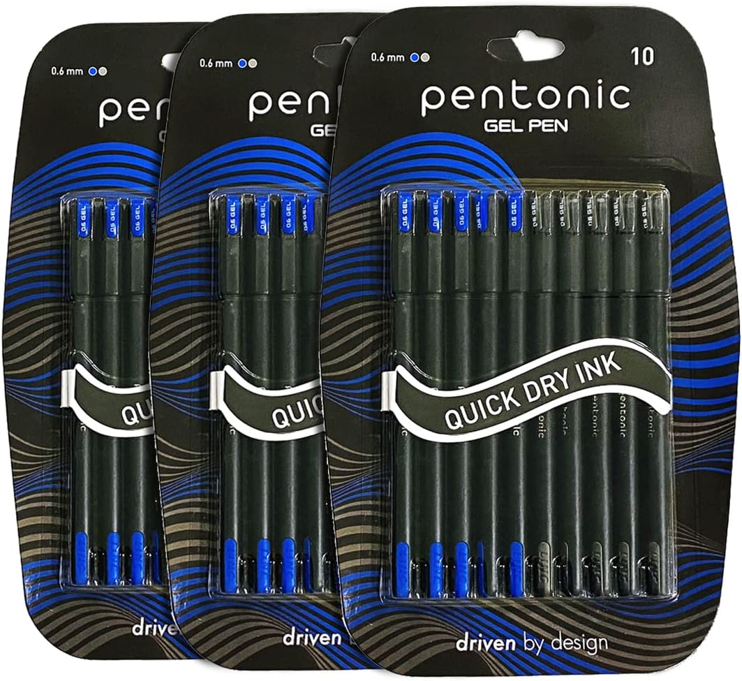 Pentonic 0.6 mm Gel Pen Blister Pack | Black Body | Blue Ink | Set of ...