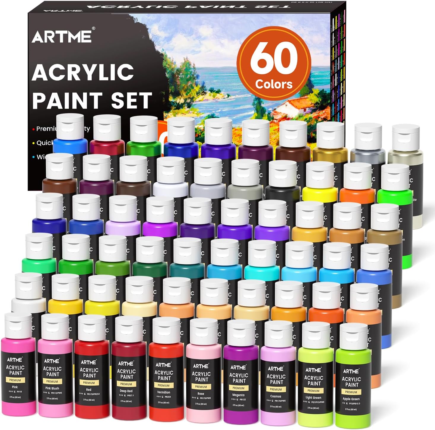 Amazon.com: ARTME Acrylic Paint Set, 60 Colors in 2oz/60ml Bottles, Non ...