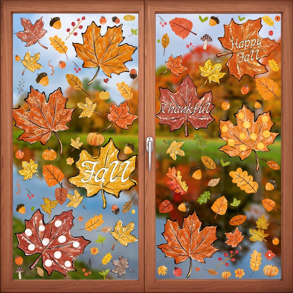 DIYDEC 8 Sheet Fall Window Clings, Autumn Maple Leaves Window Sticker ...