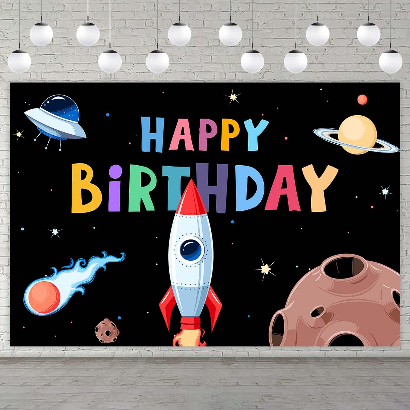 Amazon.com: Outer Space Rocket Happy Birthday Banner Backdrop ...