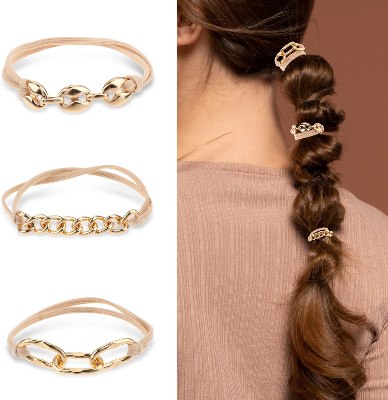 Amazon.com : Qianyu 3Pcs Gold Bracelet Hair Ties Soft Gold Jewelry ...