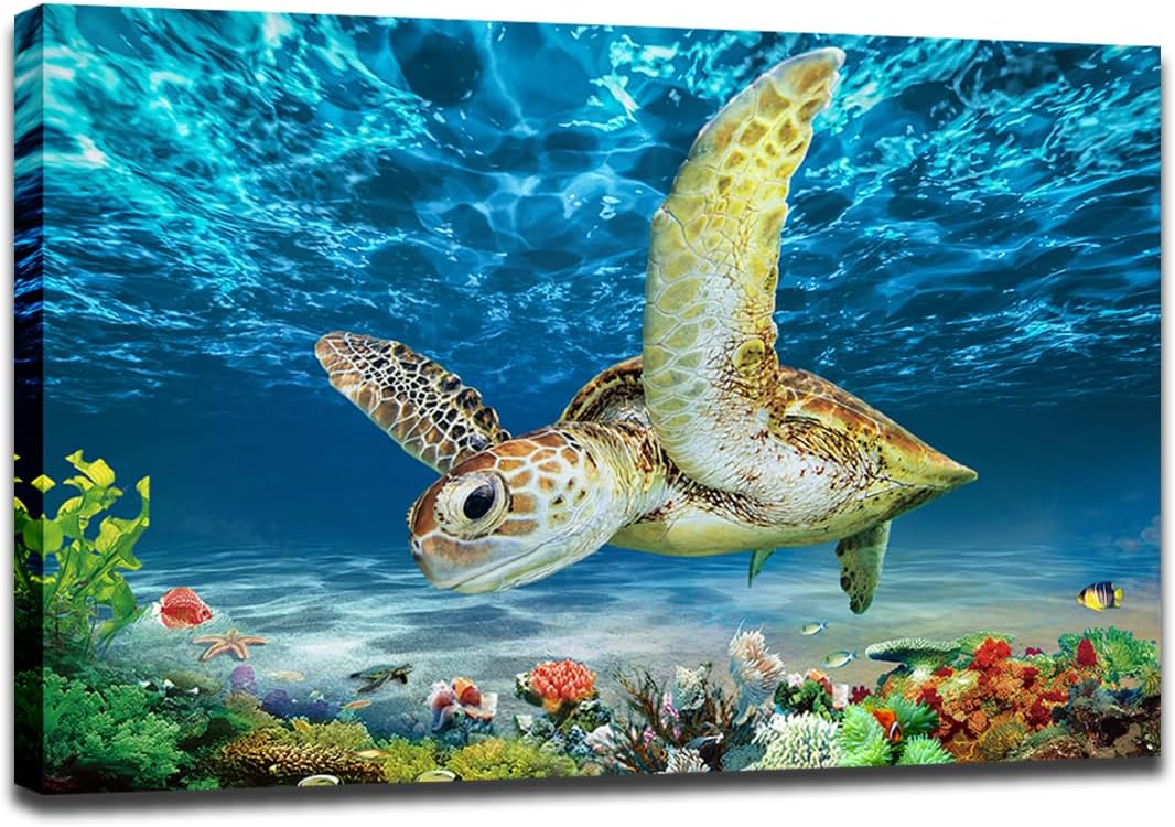 Amazon.com: Sea Turtle Canvas Wall Art- Beach Wall Decor Blue Ocean ...