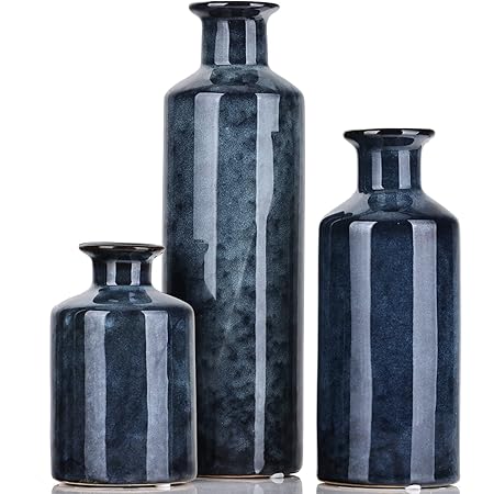 Amazon.com: Blue Ceramic Vase Set - 3 Navy Blue Vase, Farmhouse Country ...