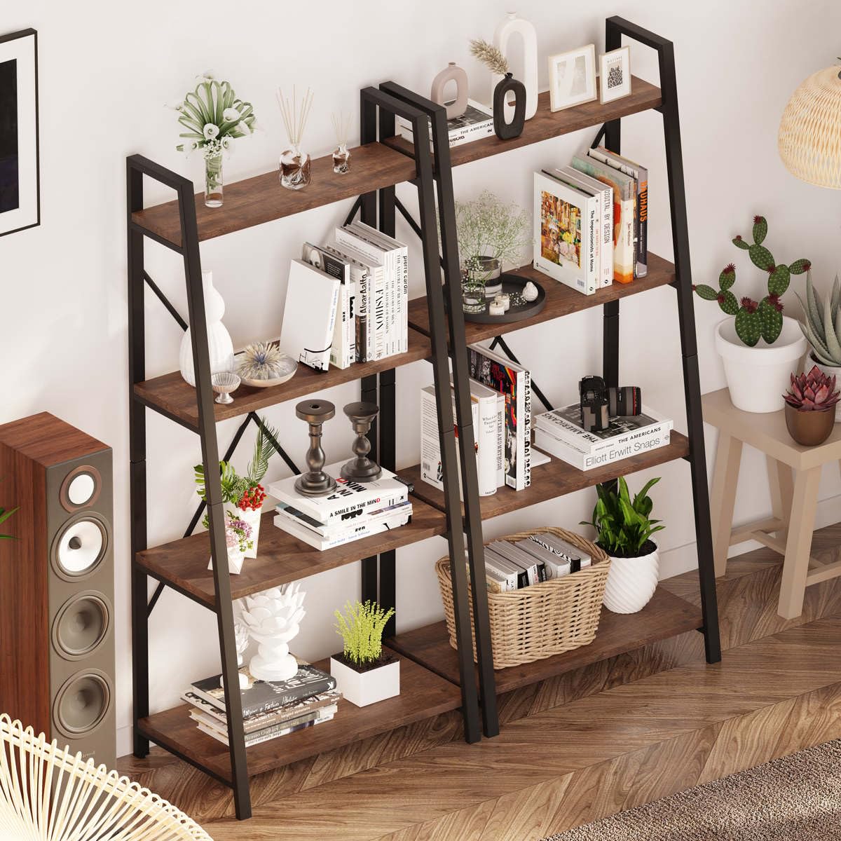 BON AUGURE Industrial Ladder Shelf Bookcase, 4 Tier Rustic Ladder ...