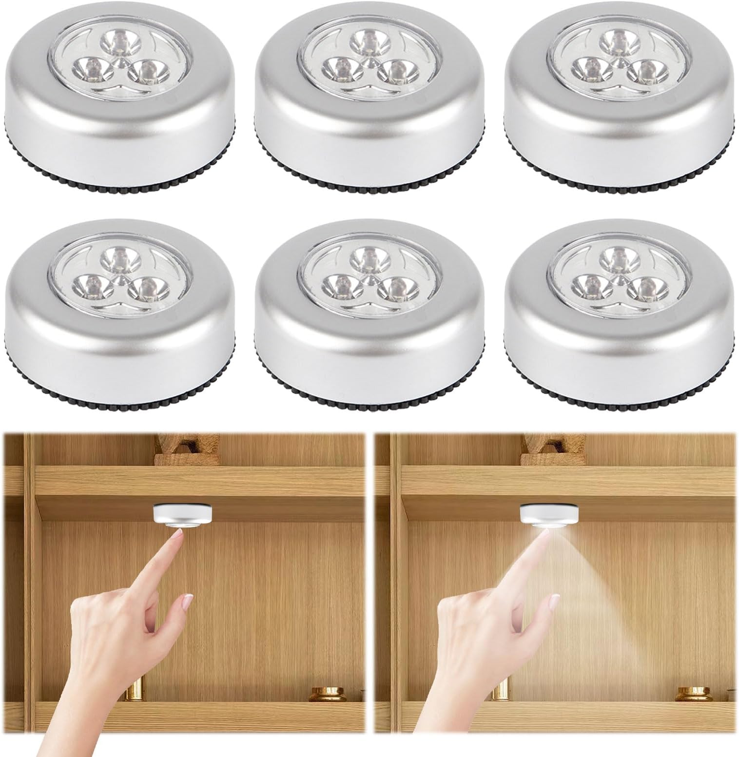 Yuio 6 Pack Stick-on Push Light, 3 LED Battery Powered Wireless Night ...