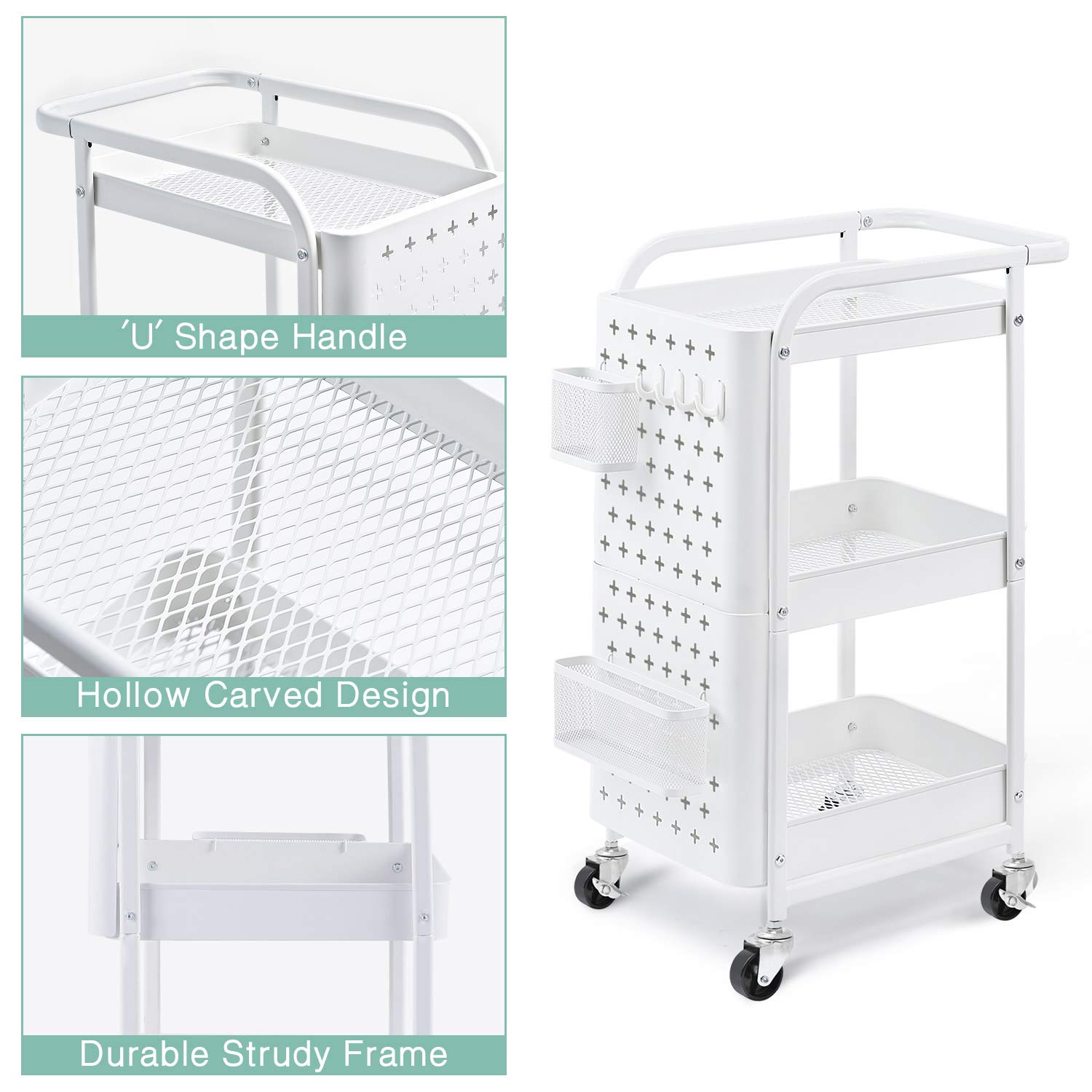 Buy KINGRACK Storage Trolley, 3-Tier Rolling Cart, Utility Cart Metal ...