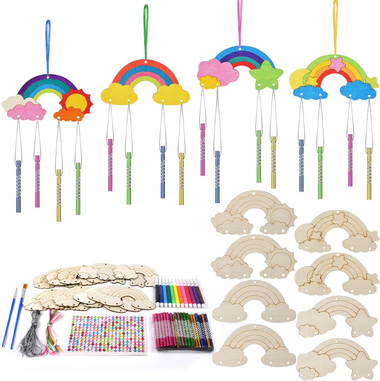 Ainiv 12 Pack Rainbow Wind Chime Crafts, DIY Paint Wooden Windchimes ...