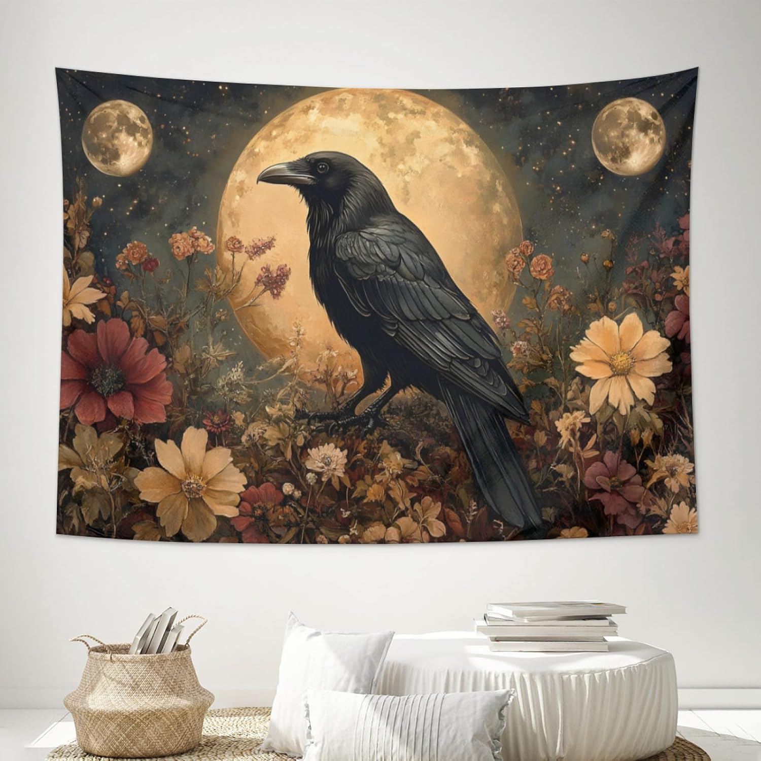 Amazon.com: DJHEIPS Flowers Crow Tapestry Wall Hanging Halloween ...
