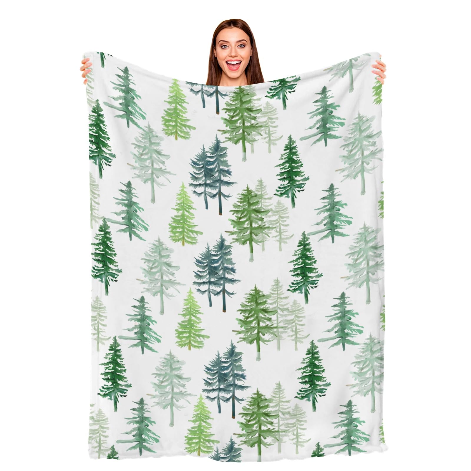 Watercolor Green Pine Trees Flannel Throw Blankets for Kids and Adults ...
