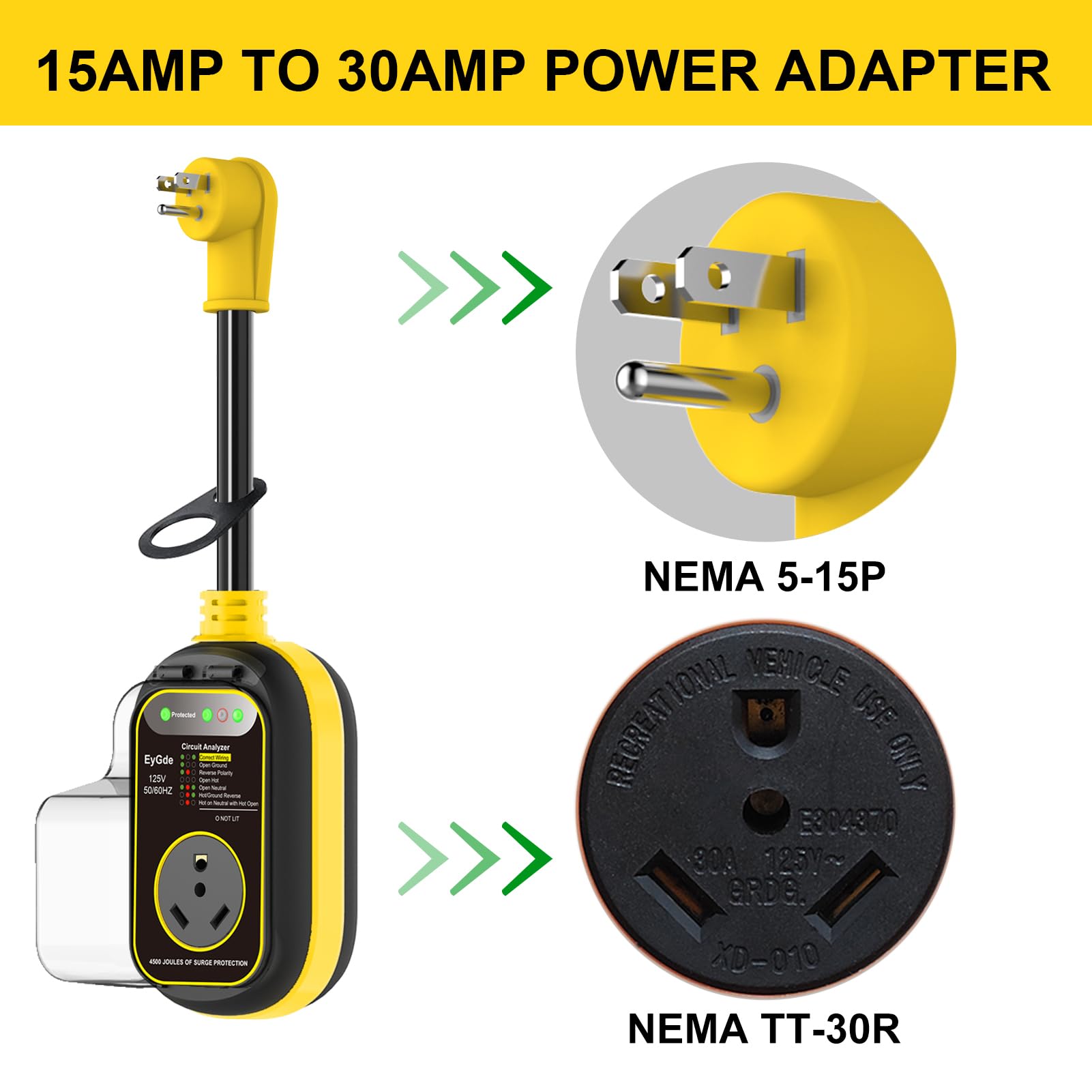 Snapklik.com : EyGde 30 Amp To 15 Amp 110 RV Adapter