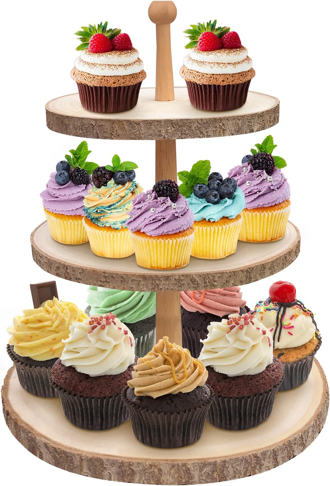 Amazon.com: 3 Tier Wood Cupcake Stand Large Serving Tray Wooden Rustic ...