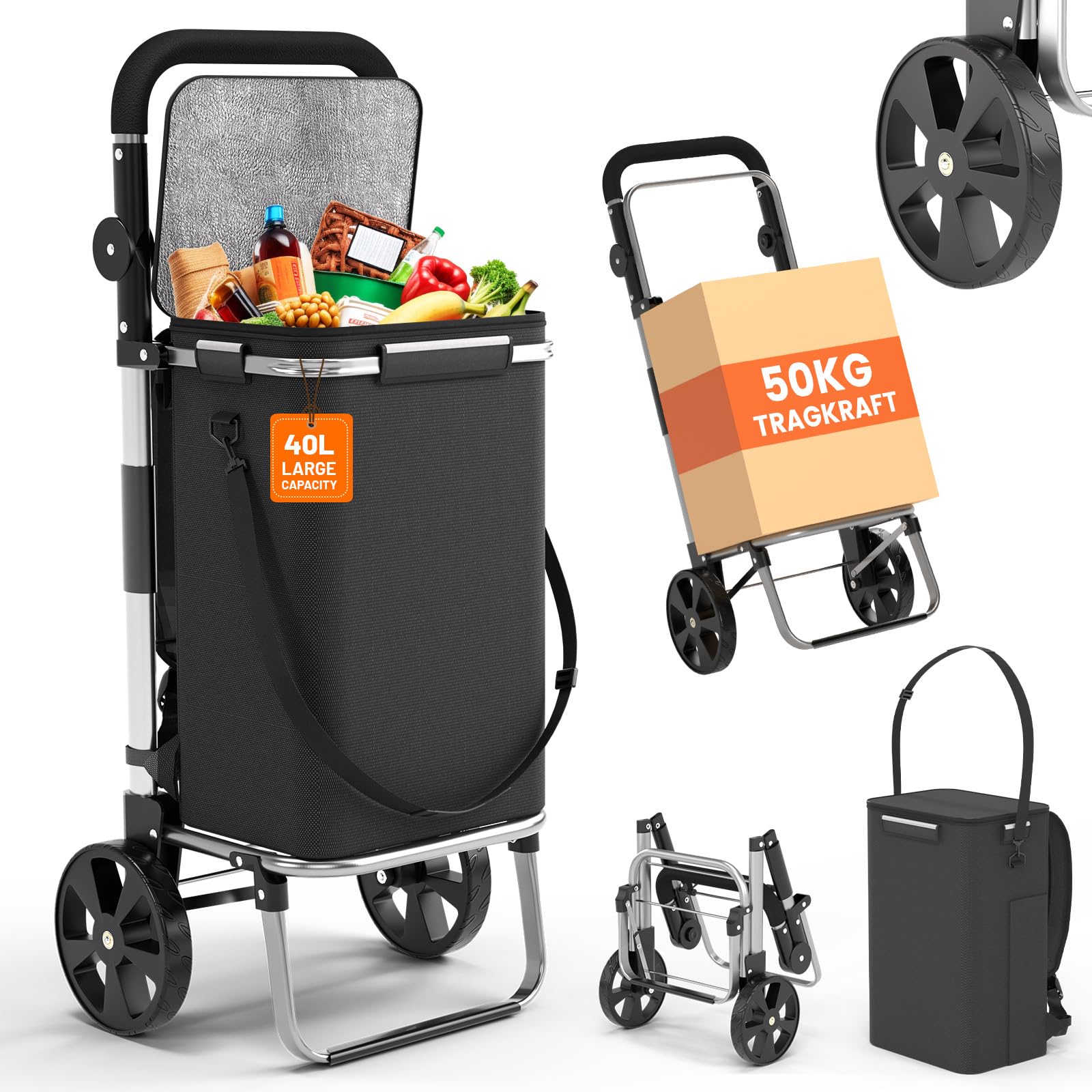 FUNLAX Chariot de Courses 2 Roues, Caddie de Courses avec Compartiment ...