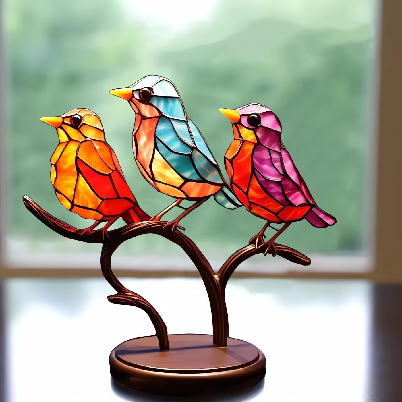 Amazon.com: Stained Glass Birds on Branch Desktop Ornaments, Stained ...
