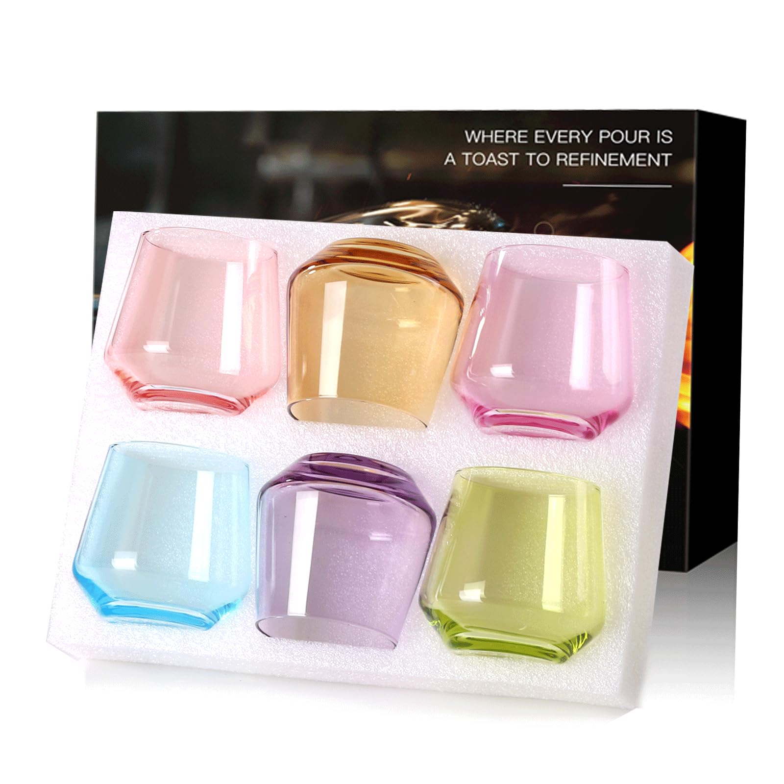 Amazon.com | Colored Stemless Wine Glasses Set of 6-14 oz Hand-Blown ...