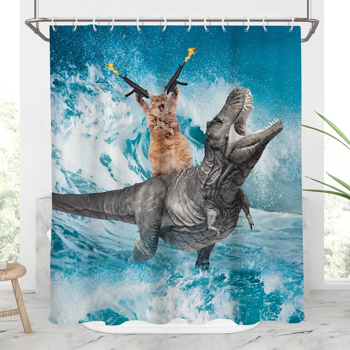 Amazon.com: AAtter Funny Cat Riding Dinosaur Shower Curtain Kids Boys ...