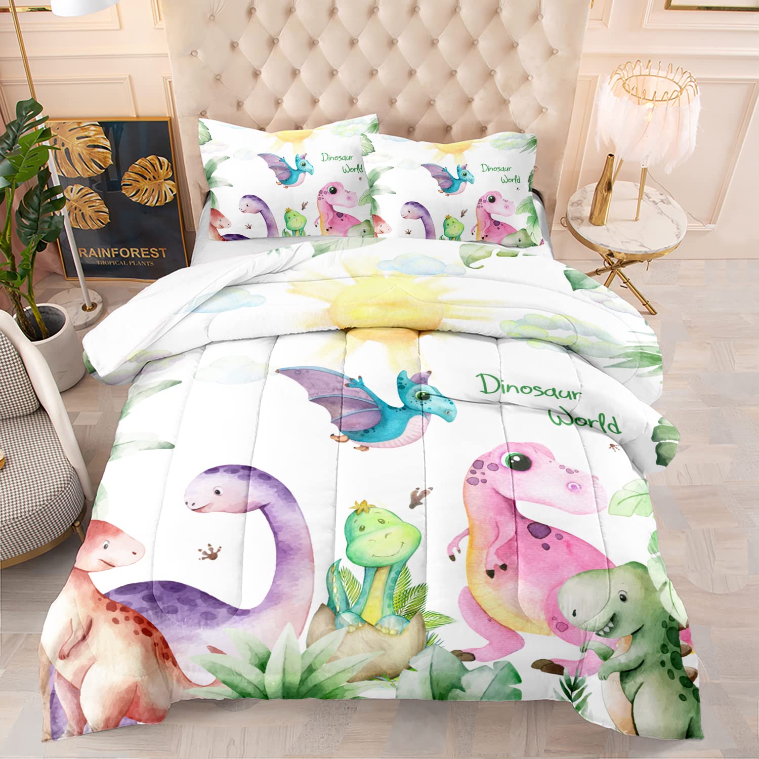 Amazon.com: CVHOUSE Dinosaur Comforter Set Twin Size,Kawaii Cartoon ...