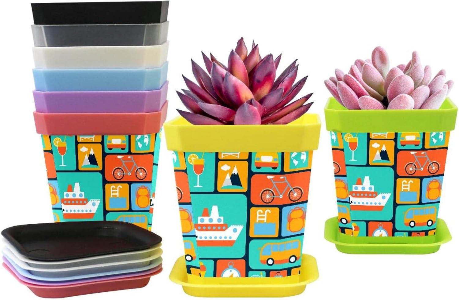 Amazon.com: 8 PCS Pots for Plants Travel Icons Prints and Bones Plastic ...