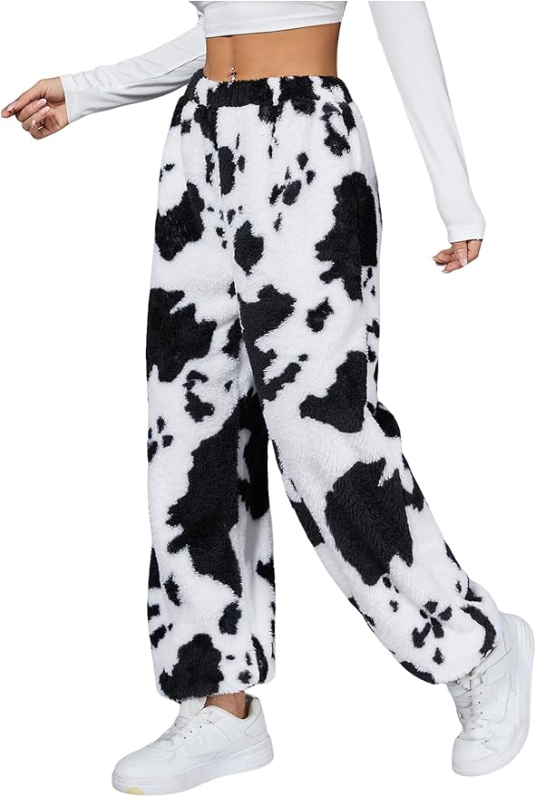 WDIRARA Women's Cow Print Elastic Casual Straight Leg Teddy Fluffy ...