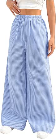Milumia Women's Striped Print High Waist Boxer Pants Straight Leg Long ...