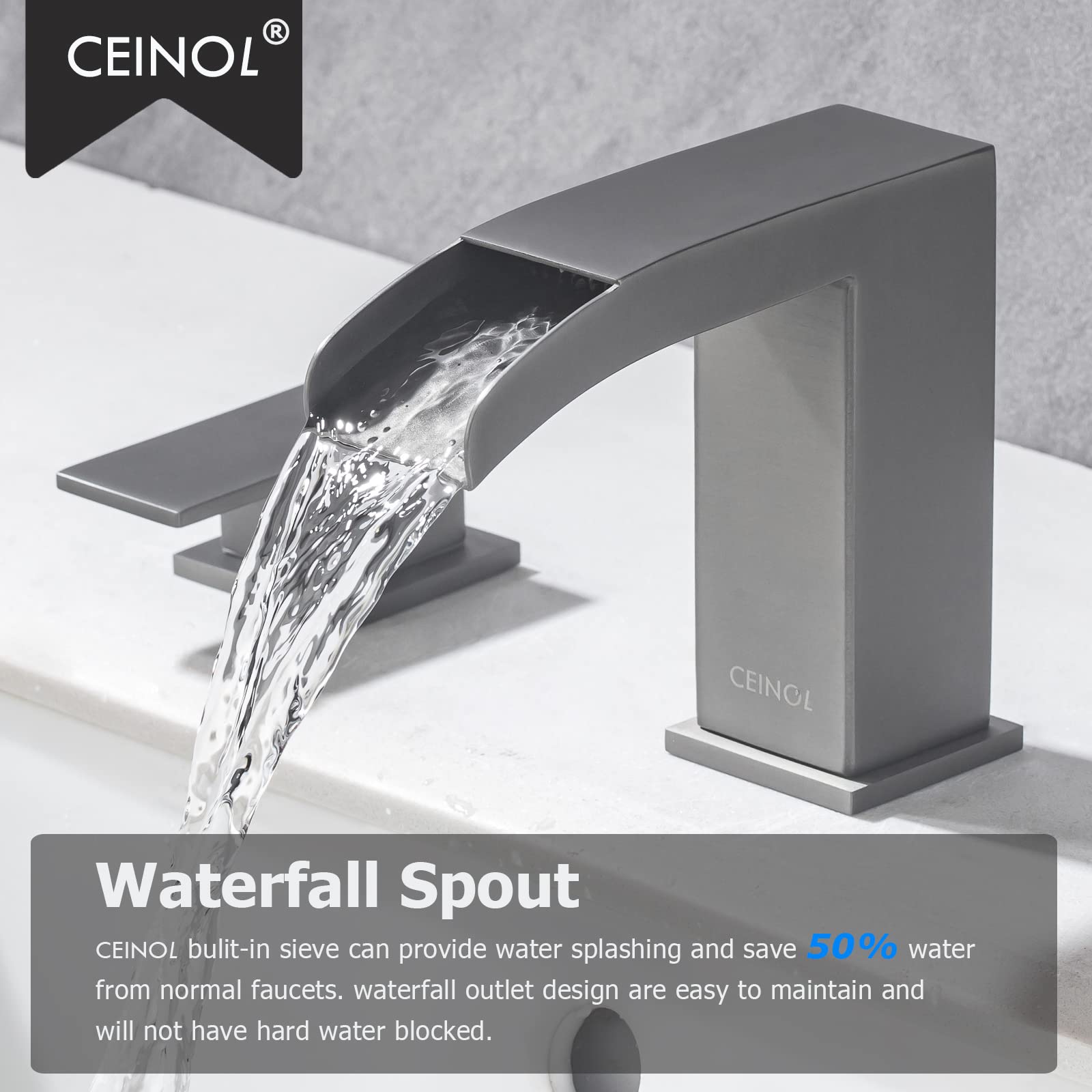CEINOL Waterfall Bathroom Faucet Brushed Gray, Sink Faucet Bathroom 3 ...