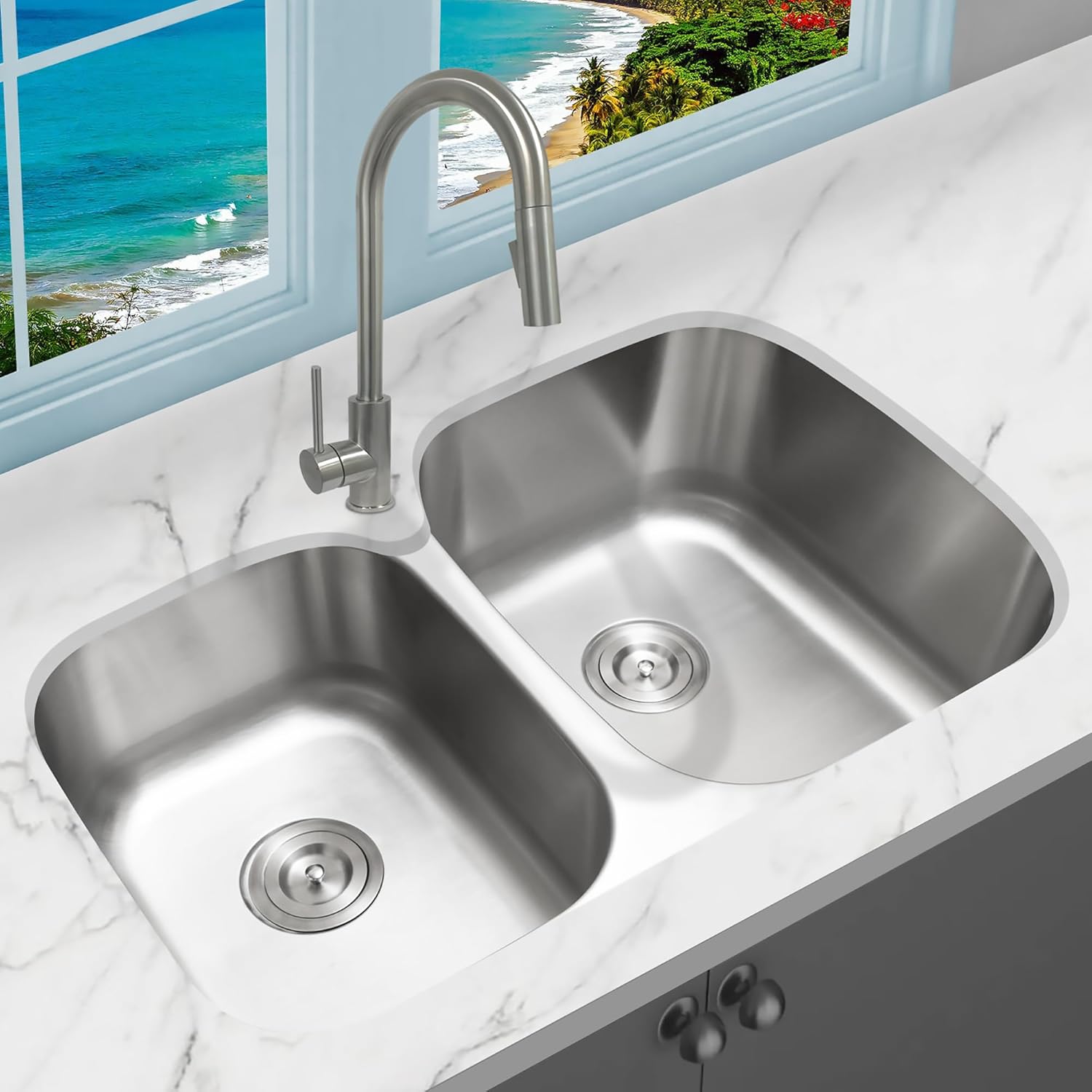 KABCO 32 Inch Stainless Steel 40/60 Double Unequal Bowl Classic Kitchen ...