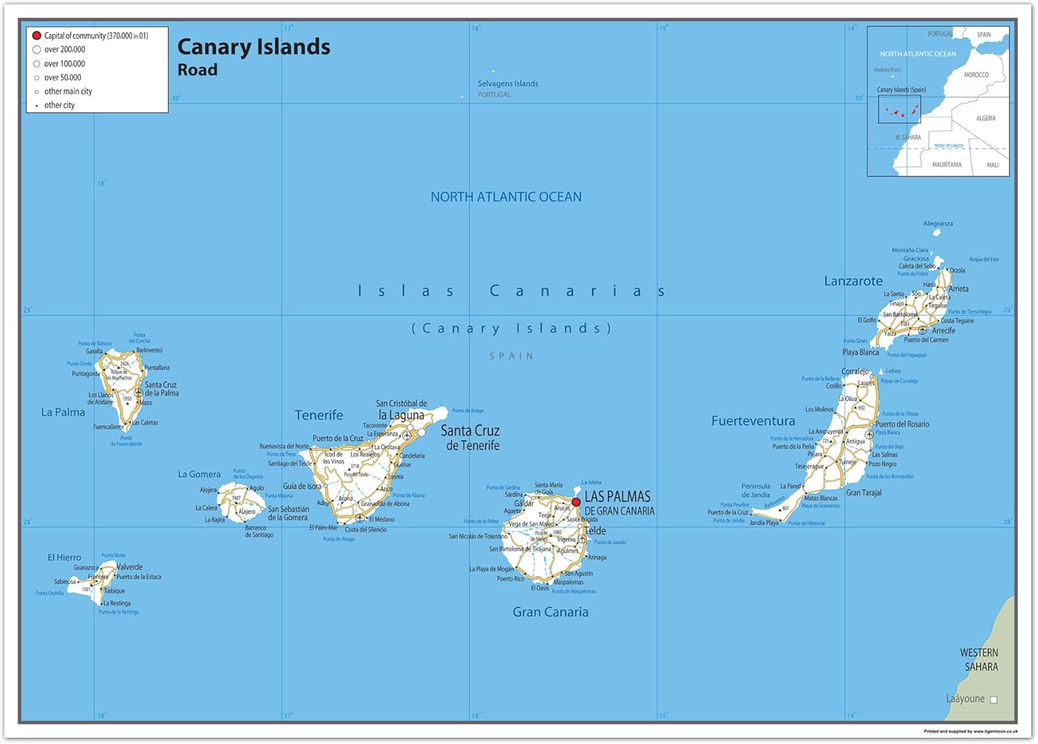 Road Map of The Canary Islands - Size A0-84.1 x 118.9cm - Paper ...