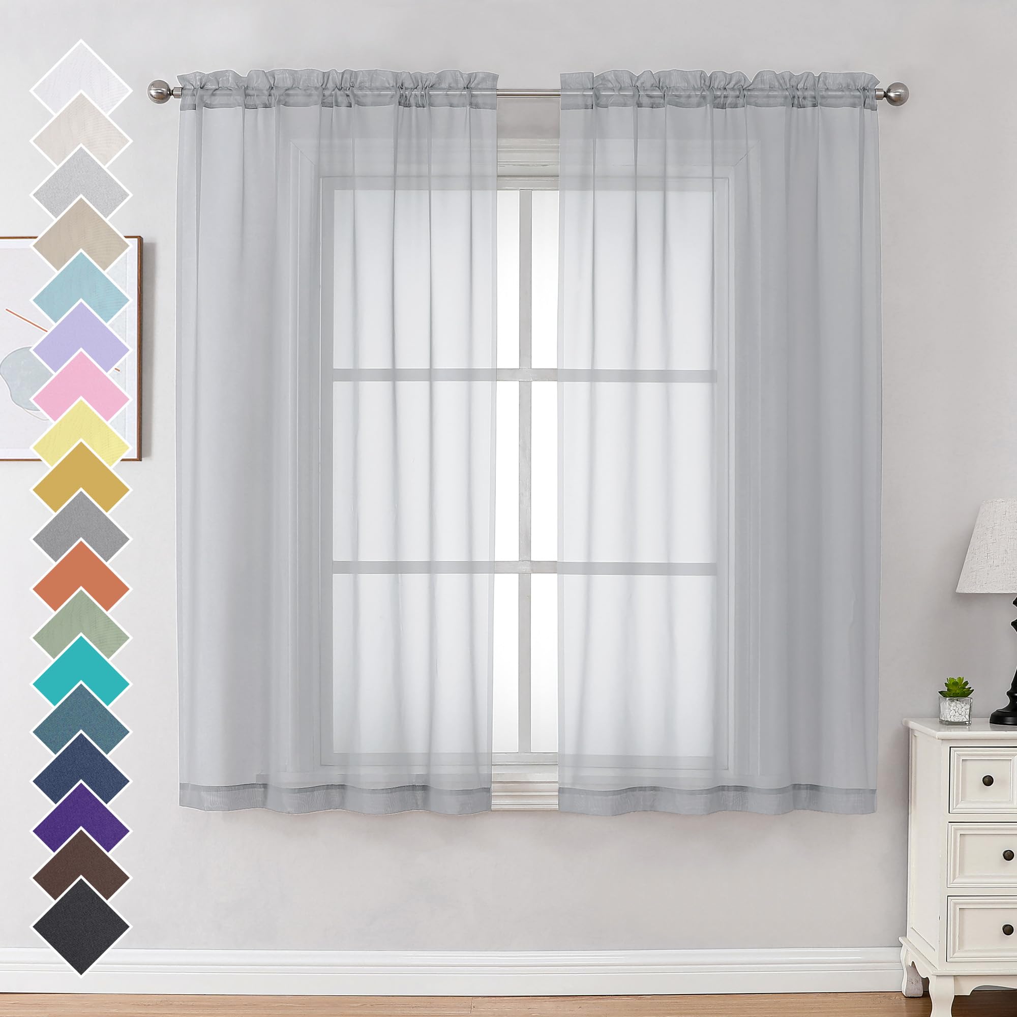 Amazon.com: OVZME Light Grey Sheer Curtains 63 Inches Long 2 Panels ...