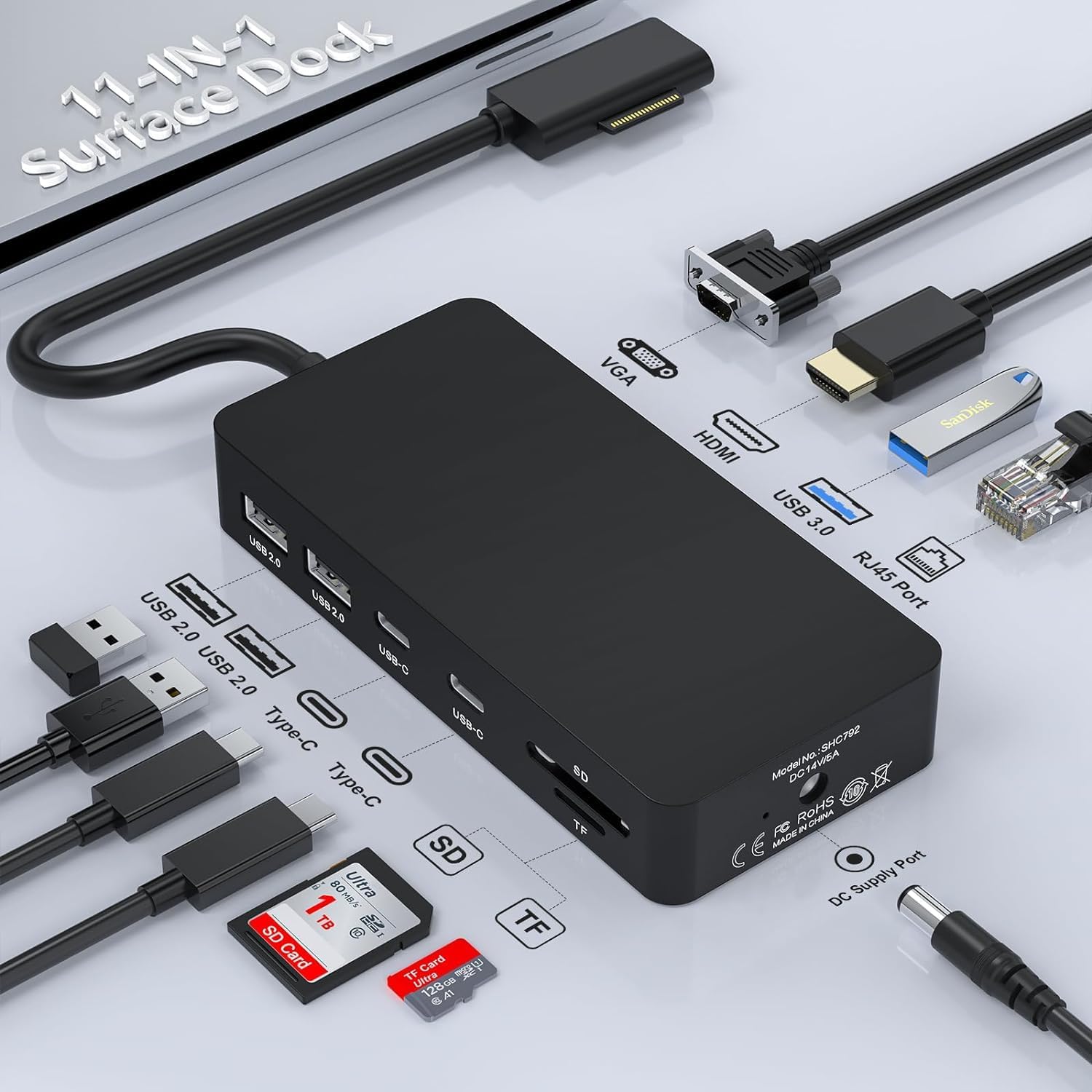 Amazon.com: Microsoft Surface Dock, Surface Pro Docking Station, 11 in ...