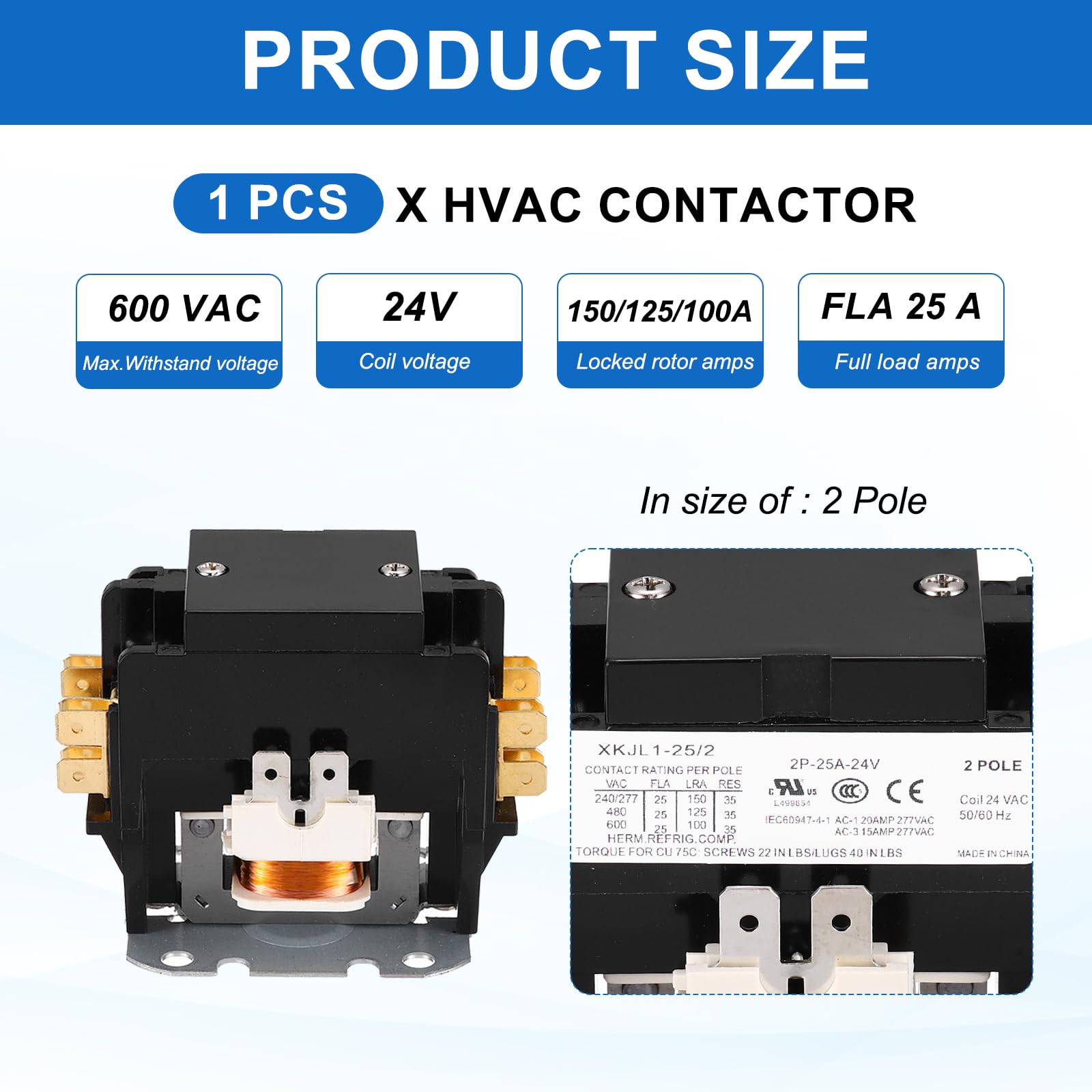 Snapklik.com : HVAC Contactor, 2 Pole FLA 25 Amps 24V Coil Air ...