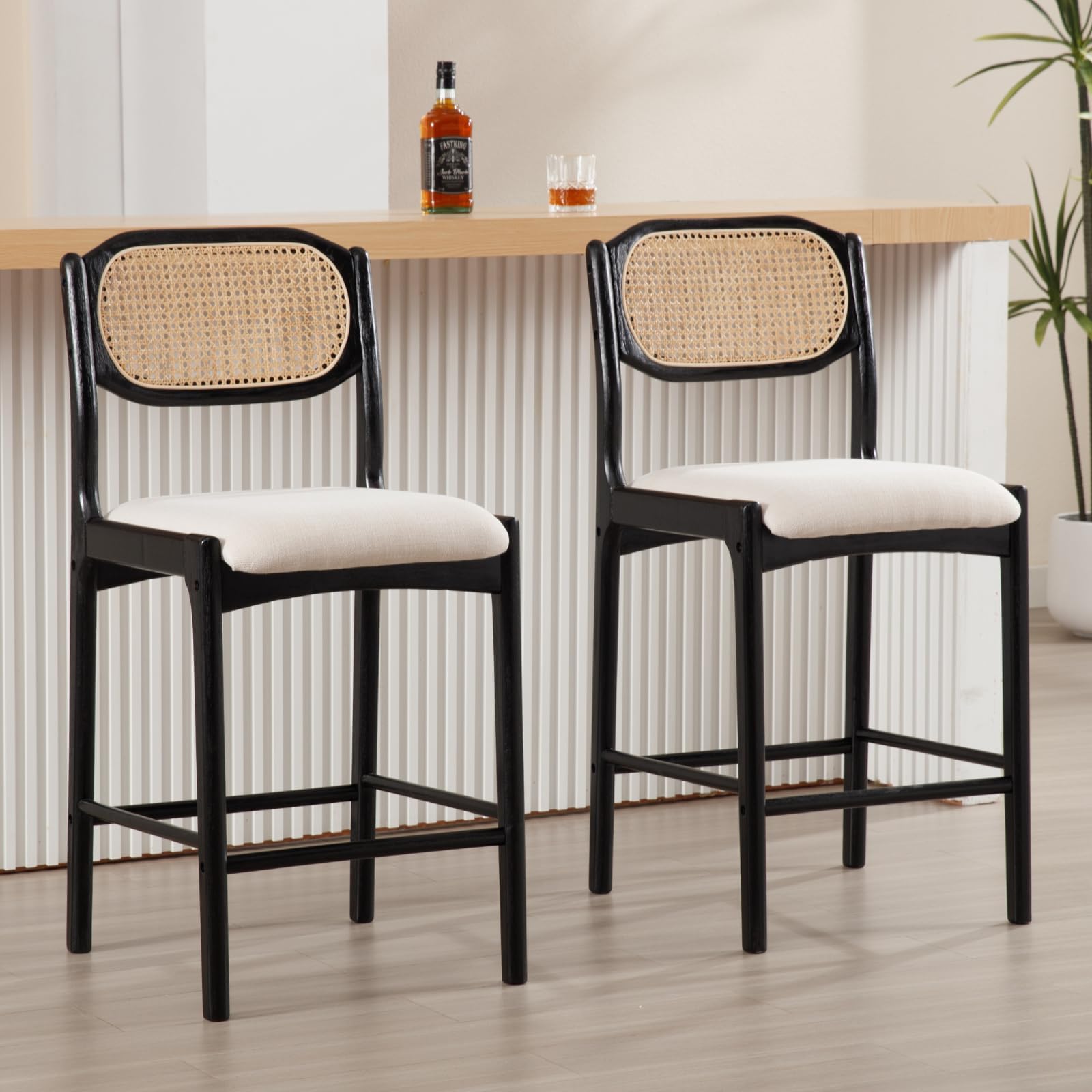 Amazon.com: CIMOTA Boho Cane Back Bar Stools Set of 2 Rattan Wooden ...