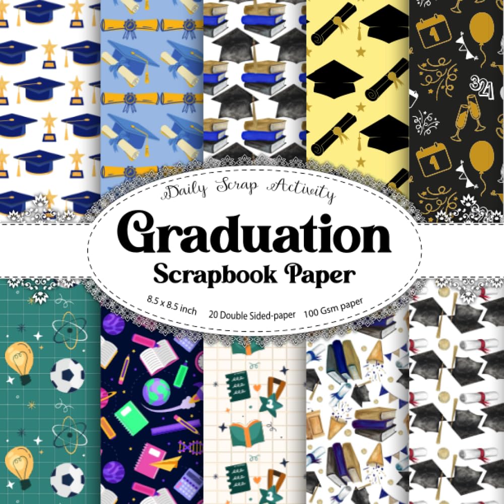 Gradution Scrapbook Paper: Graduation Cap Pattern Themed Scrapbooking ...
