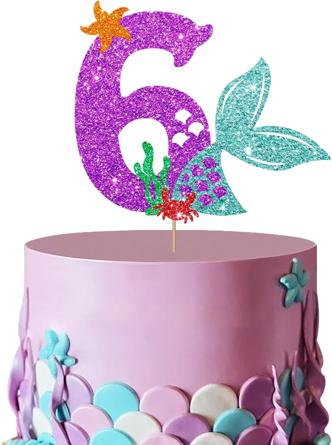 Amazon.com: Mermaid 6th Birthday Cake Topper, Purple Glitter Mermaid ...