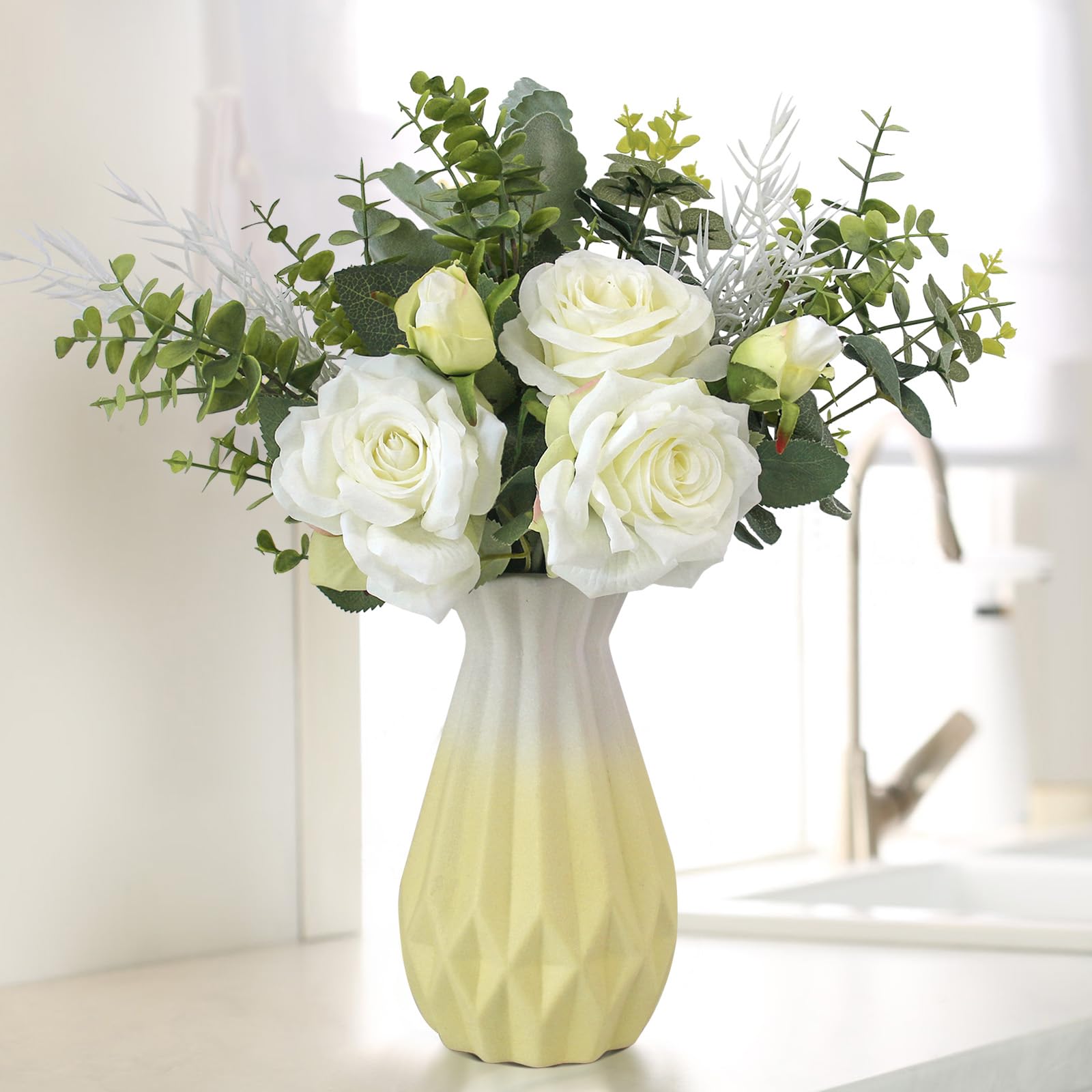 Amazon.com: Leftover Faux Flowers in Ceramic Vase,Artificial Silk Roses ...