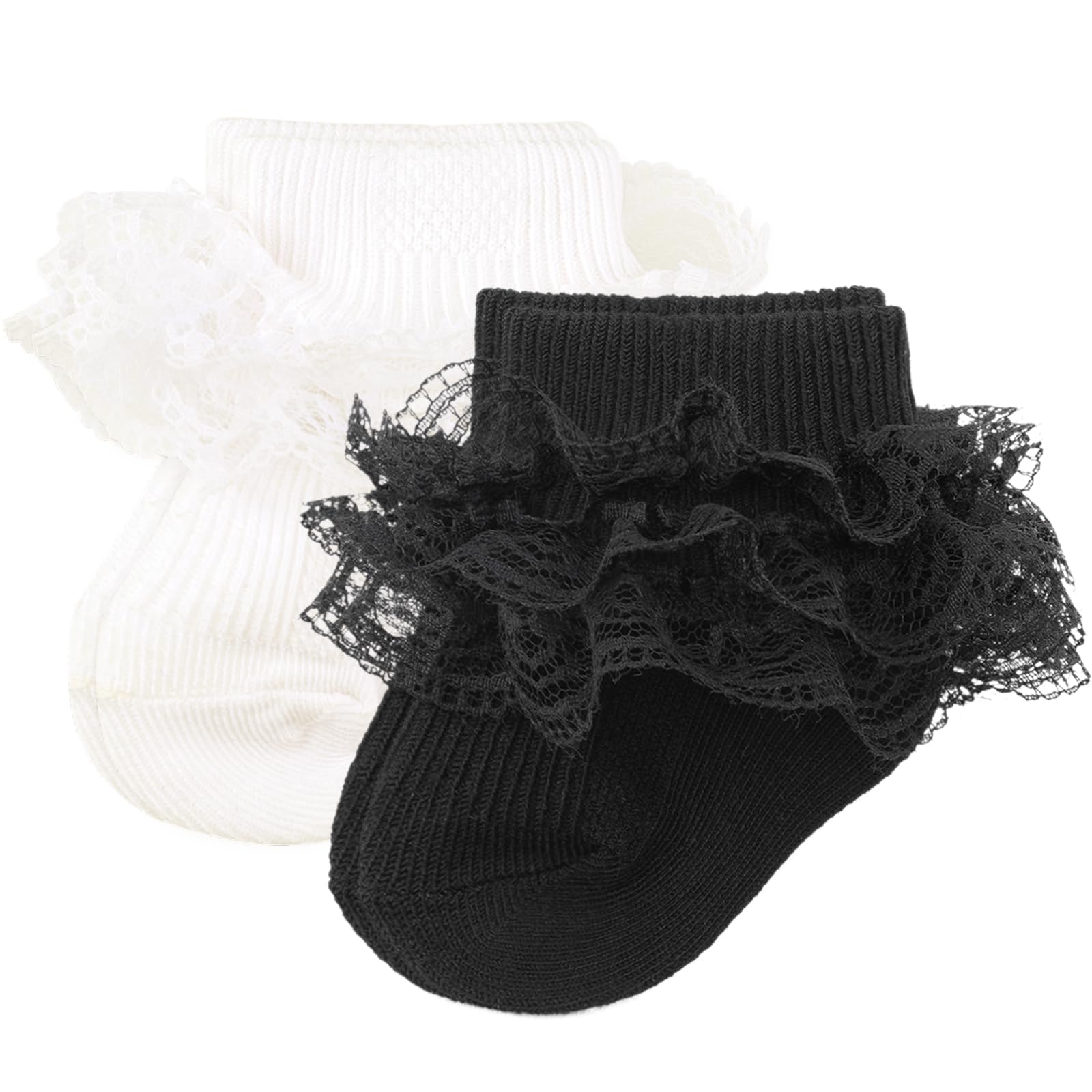 Amazon.com: AQOKKA 2 Pack Baby Girls Socks Eyelet Ruffle Lace Baby ...