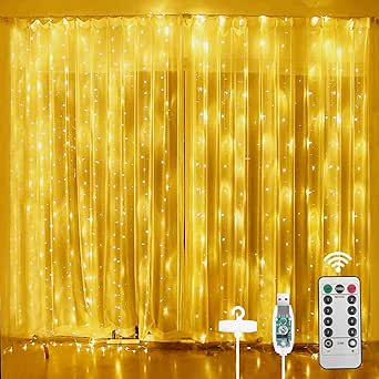 Vicloon Curtain Lights, 3m×3m 300LED Warm White Curtain Fairy Lights, 8 ...