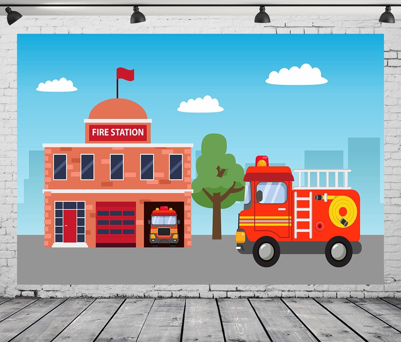 Amazon.com : BELECO 7x5ft Fabric Cartoon City Fire Station Backdrop ...