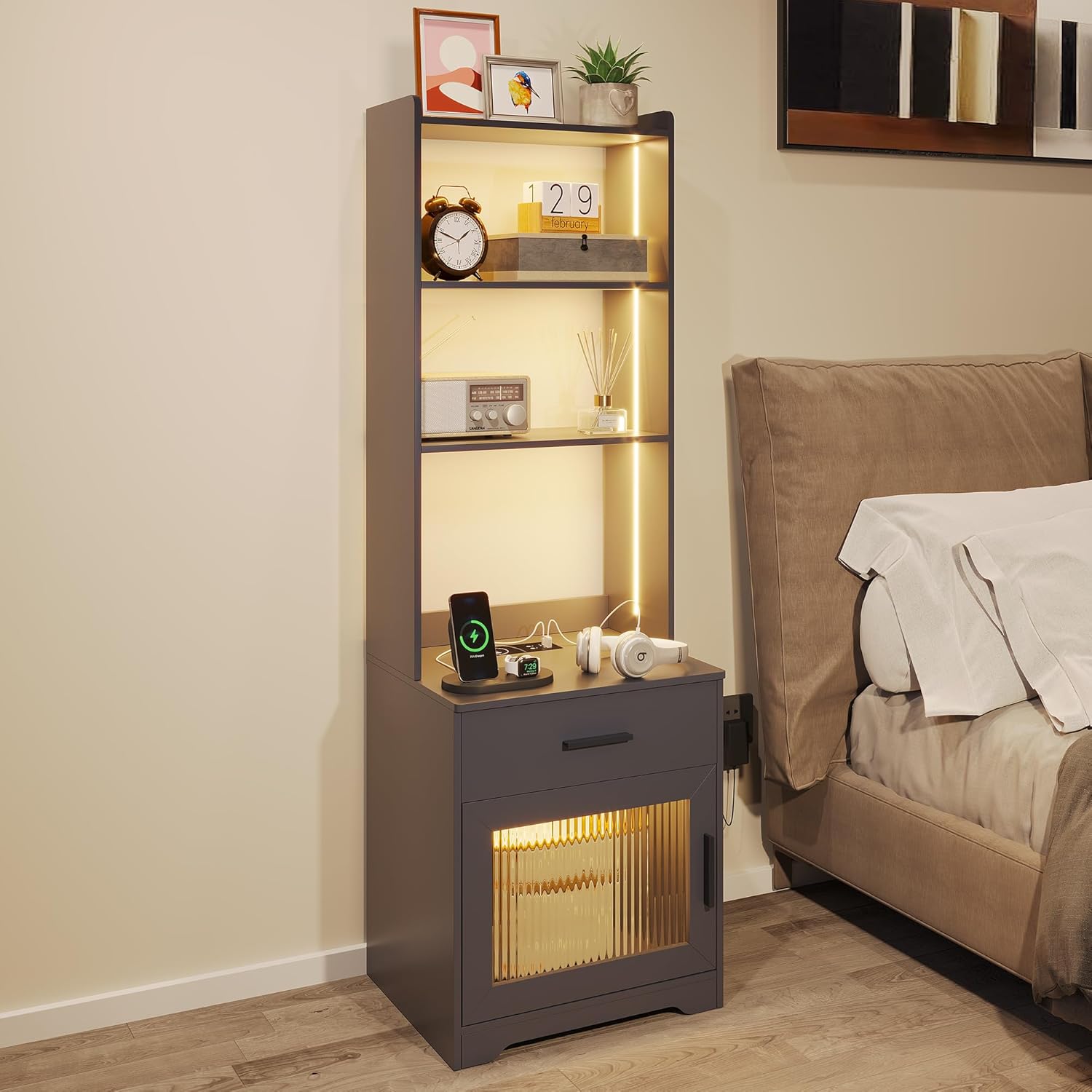 Amazon.com: dnbss Tall Nightstand with Charging Station, Smart LED ...