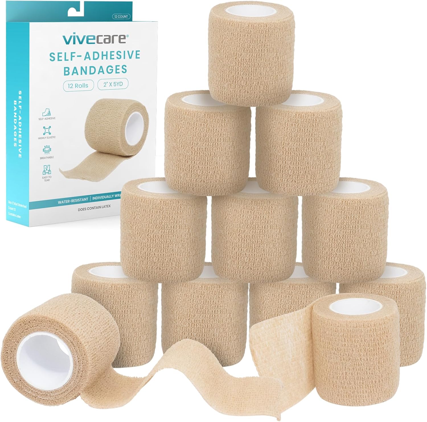 Amazon.com: Vive Care Self Adhesive Bandage Wrap (12 Rolls) Cohesive ...