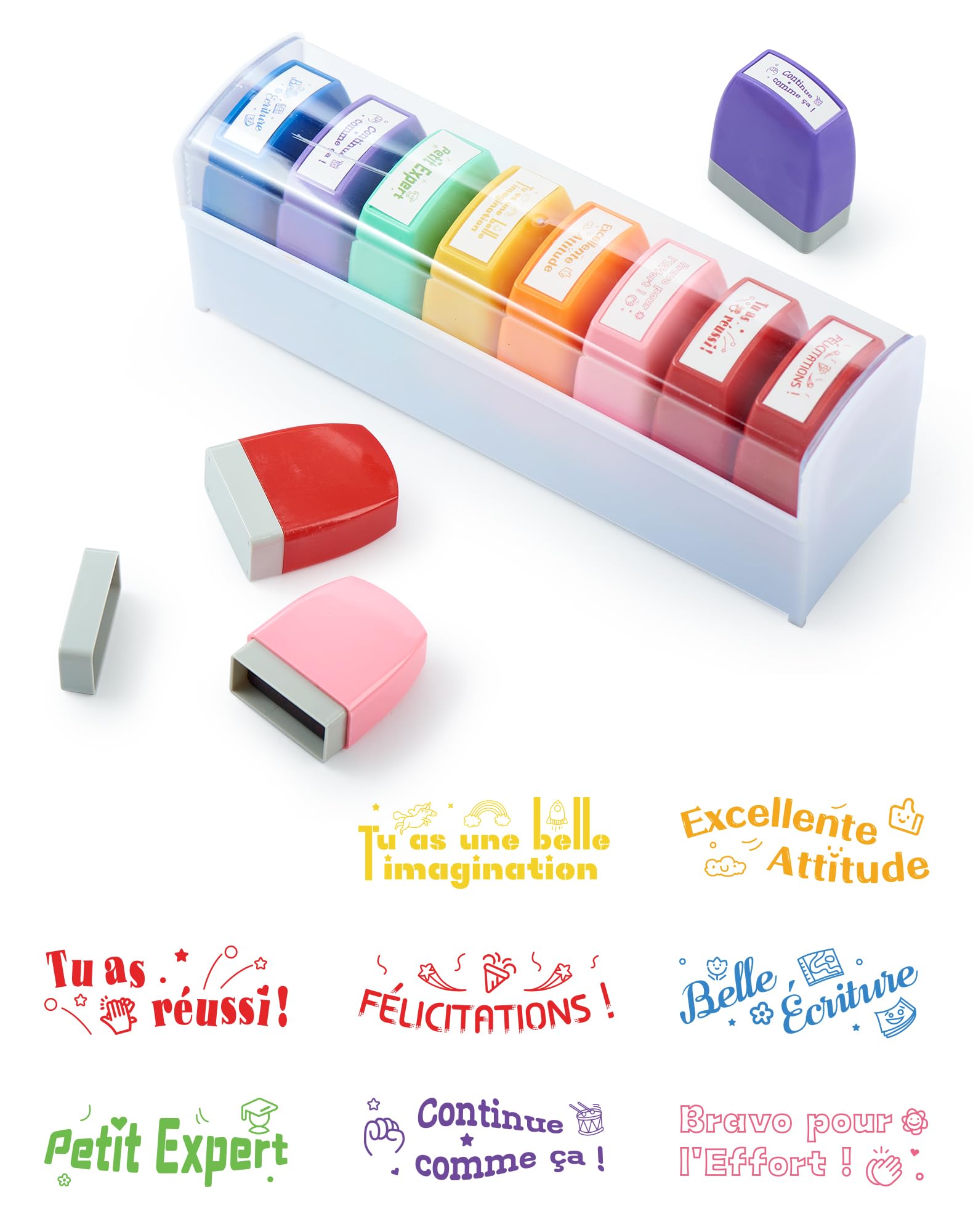 SOSALUK 8 x French Teacher Stamp Box Self-Inking Stamp for Children ...